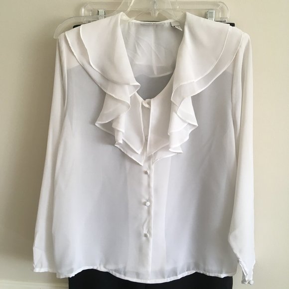 Karen Scott | Tops | Vintage Karen Scott White Ruffle Chest Long Sleeve ...